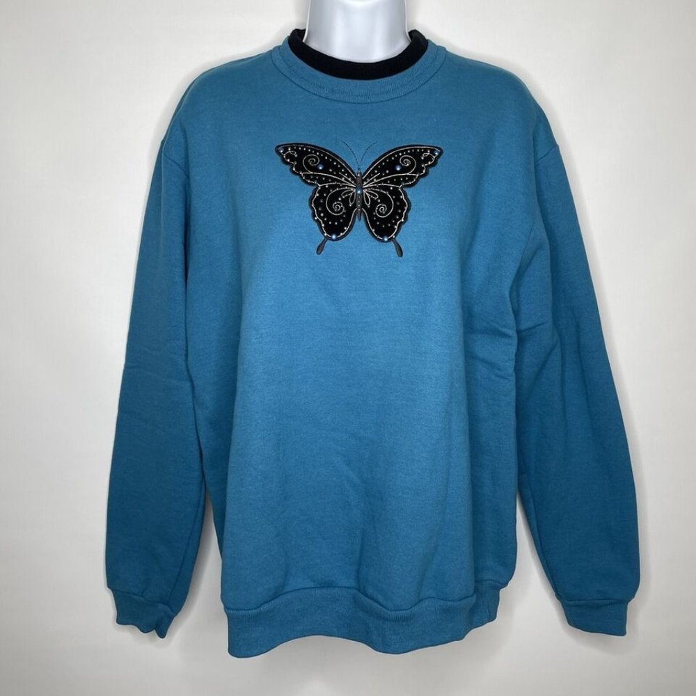 Vintage 90s Top Stitch Blue Double Crew Neck Velvet B… - Gem